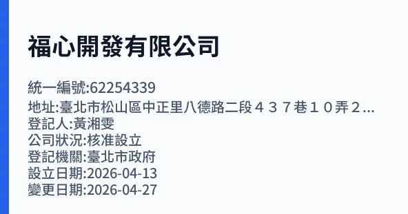 福心開發有限公司的照片-統編 62254339(臺北市) 公司登記資料與營業項目詳細圖表