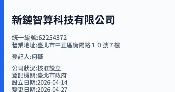 新鏈智算科技有限公司的照片-統編 62254372(臺北市) 公司登記資料與營業項目詳細圖表