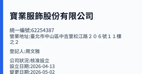 寶業服飾股份有限公司的照片-統編 62254387(臺北市) 公司登記資料與營業項目詳細圖表