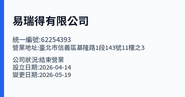 易瑞得有限公司的照片-統編 62254393(臺北市) 公司登記資料與營業項目詳細圖表