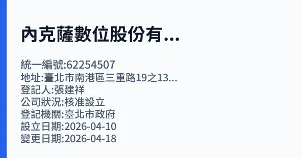 內克薩數位股份有限公司的照片-統編 62254507(臺北市) 公司登記資料與營業項目詳細圖表