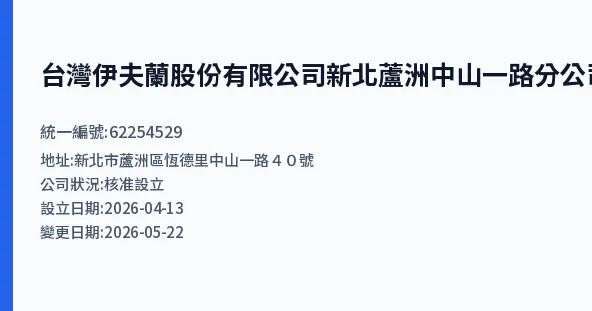台灣伊夫蘭股份有限公司新北蘆洲中山一路分公司的照片-統編 62254529(新北市) 公司登記資料與營業項目詳細圖表