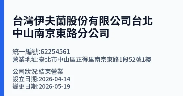 台灣伊夫蘭股份有限公司台北中山南京東路分公司的照片-統編 62254561(臺北市) 公司登記資料與營業項目詳細圖表