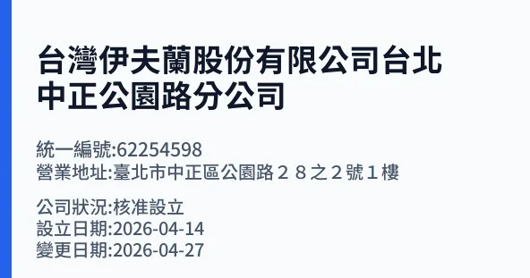 台灣伊夫蘭股份有限公司台北中正公園路分公司的照片-統編 62254598(臺北市) 公司登記資料與營業項目詳細圖表