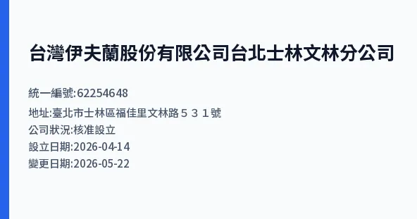 台灣伊夫蘭股份有限公司台北士林文林分公司的照片-統編 62254648(臺北市) 公司登記資料與營業項目詳細圖表