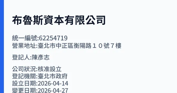布魯斯資本有限公司的照片-統編 62254719(臺北市) 公司登記資料與營業項目詳細圖表
