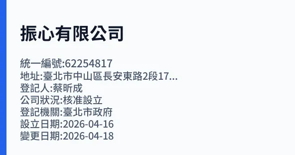 振心有限公司的照片-統編 62254817(臺北市) 公司登記資料與營業項目詳細圖表