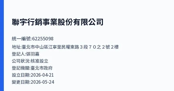 聯宇行銷事業股份有限公司的照片-統編 62255098(臺北市) 公司登記資料與營業項目詳細圖表