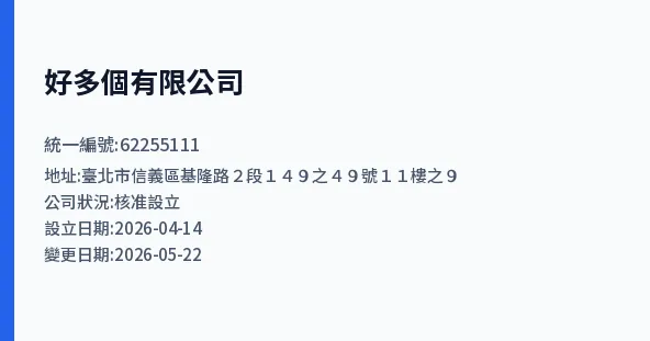 好多個有限公司的照片-統編 62255111(臺北市) 公司登記資料與營業項目詳細圖表