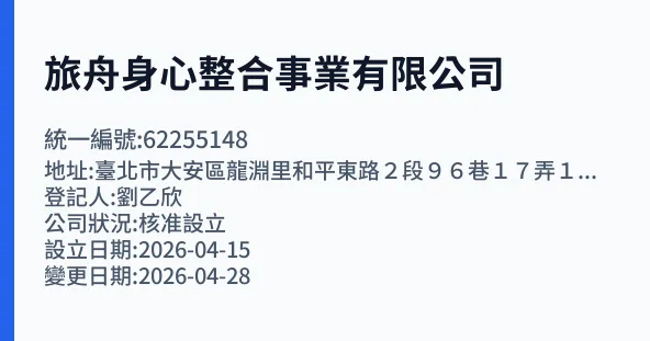 旅舟身心整合事業有限公司的照片-統編 62255148(臺北市) 公司登記資料與營業項目詳細圖表
