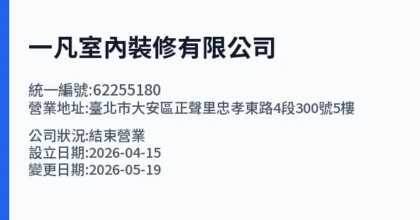 一凡室內裝修有限公司的照片-統編 62255180(臺北市) 公司登記資料與營業項目詳細圖表