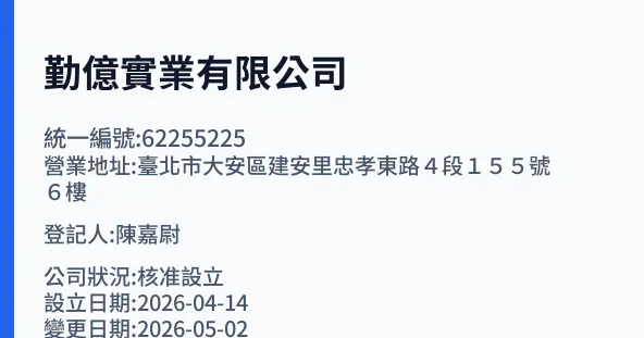 勤億實業有限公司的照片-統編 62255225(臺北市) 公司登記資料與營業項目詳細圖表