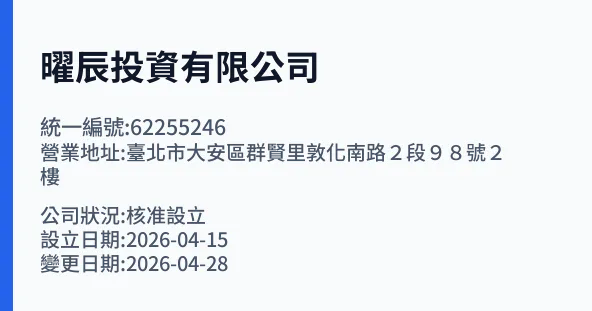 曜辰投資有限公司的照片-統編 62255246(臺北市) 公司登記資料與營業項目詳細圖表