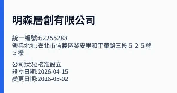 明森居創有限公司的照片-統編 62255288(臺北市) 公司登記資料與營業項目詳細圖表
