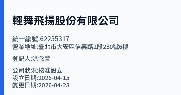 輕舞飛揚股份有限公司的照片-統編 62255317(臺北市) 公司登記資料與營業項目詳細圖表