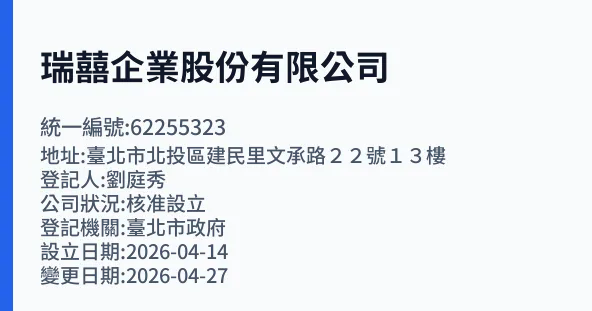 瑞囍企業股份有限公司的照片-統編 62255323(臺北市) 公司登記資料與營業項目詳細圖表