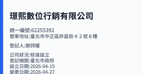 璟熙數位行銷有限公司的照片-統編 62255392(臺北市) 公司登記資料與營業項目詳細圖表
