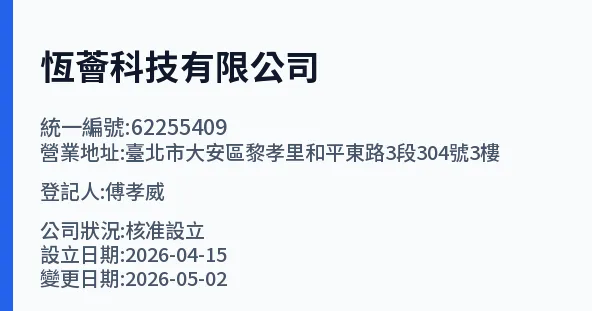 恆薈科技有限公司的照片-統編 62255409(臺北市) 公司登記資料與營業項目詳細圖表