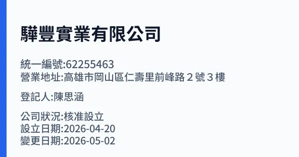 驊豐實業有限公司的照片-統編 62255463(高雄市) 公司登記資料與營業項目詳細圖表