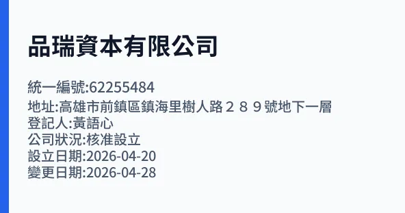 品瑞資本有限公司的照片-統編 62255484(高雄市) 公司登記資料與營業項目詳細圖表