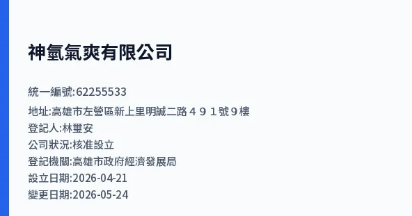 神氫氣爽有限公司的照片-統編 62255533(高雄市) 公司登記資料與營業項目詳細圖表