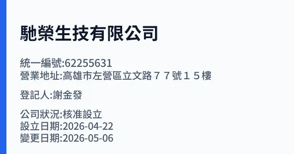 馳榮生技有限公司的照片-統編 62255631(高雄市) 公司登記資料與營業項目詳細圖表