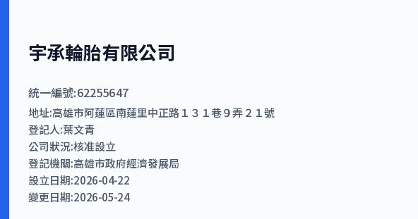 宇承輪胎有限公司的照片-統編 62255647(高雄市) 公司登記資料與營業項目詳細圖表