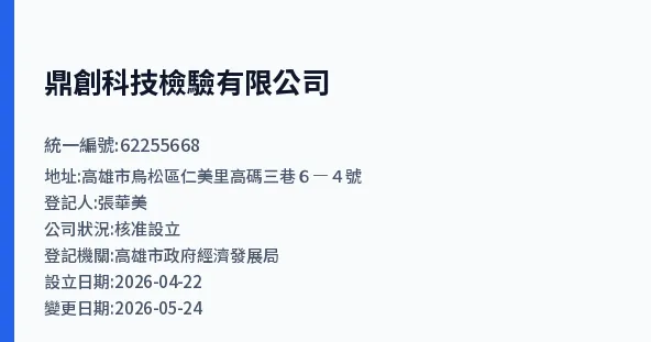鼎創科技檢驗有限公司的照片-統編 62255668(高雄市) 公司登記資料與營業項目詳細圖表