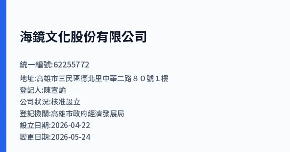 海鏡文化股份有限公司的照片-統編 62255772(高雄市) 公司登記資料與營業項目詳細圖表