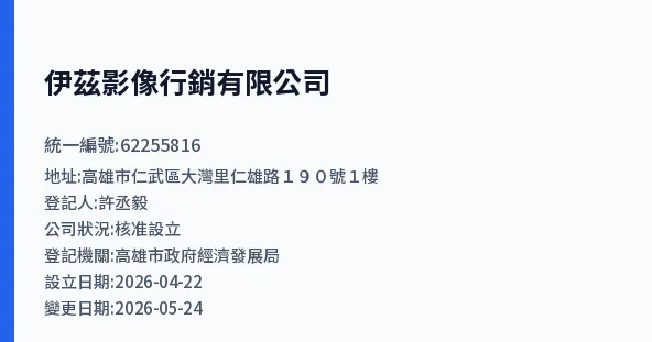 伊茲影像行銷有限公司的照片-統編 62255816(高雄市) 公司登記資料與營業項目詳細圖表