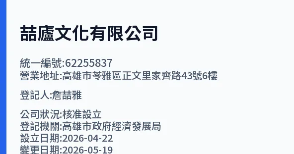 喆廬文化有限公司的照片-統編 62255837(高雄市) 公司登記資料與營業項目詳細圖表