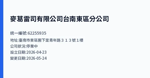 麥葛雷司有限公司台南東區分公司的照片-統編 62255935(臺南市) 公司登記資料與營業項目詳細圖表