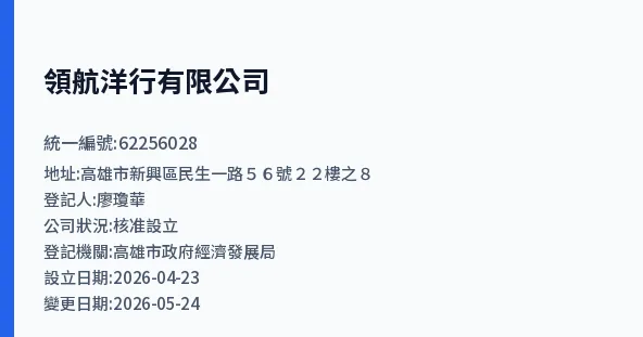 領航洋行有限公司的照片-統編 62256028(高雄市) 公司登記資料與營業項目詳細圖表
