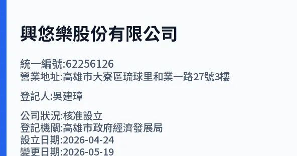 興悠樂股份有限公司的照片-統編 62256126(高雄市) 公司登記資料與營業項目詳細圖表