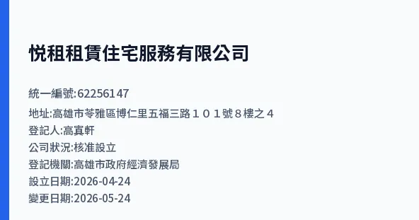 悦租租賃住宅服務有限公司的照片-統編 62256147(高雄市) 公司登記資料與營業項目詳細圖表