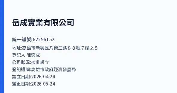 岳成實業有限公司的照片-統編 62256152(高雄市) 公司登記資料與營業項目詳細圖表