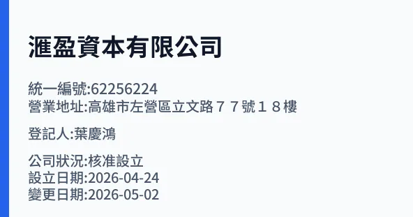 滙盈資本有限公司的照片-統編 62256224(高雄市) 公司登記資料與營業項目詳細圖表