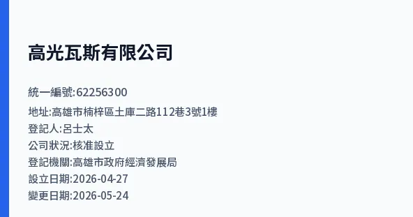 高光瓦斯有限公司的照片-統編 62256300(高雄市) 公司登記資料與營業項目詳細圖表