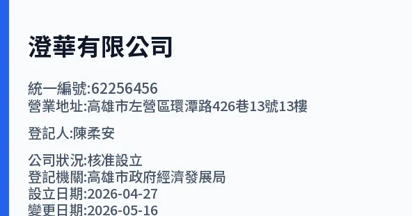 澄華有限公司的照片-統編 62256456(高雄市) 公司登記資料與營業項目詳細圖表