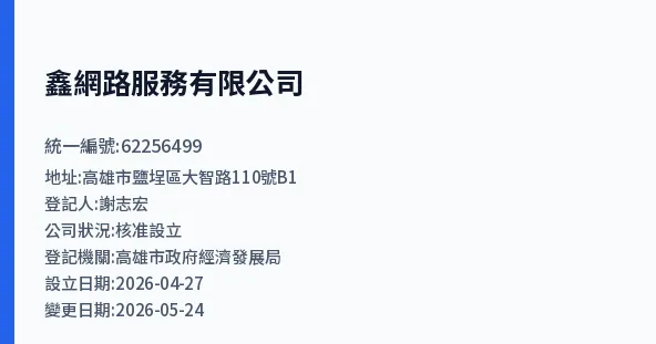 鑫網路服務有限公司的照片-統編 62256499(高雄市) 公司登記資料與營業項目詳細圖表