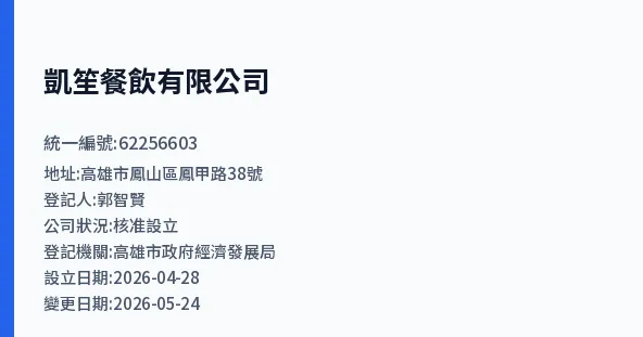 凱笙餐飲有限公司的照片-統編 62256603(高雄市) 公司登記資料與營業項目詳細圖表