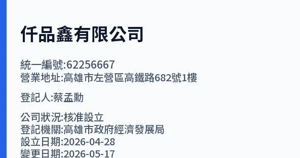 仟品鑫有限公司的照片-統編 62256667(高雄市) 公司登記資料與營業項目詳細圖表
