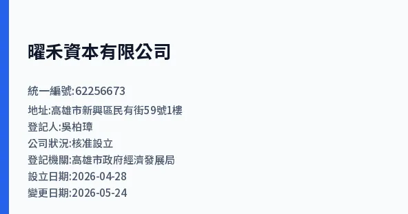 曜禾資本有限公司的照片-統編 62256673(高雄市) 公司登記資料與營業項目詳細圖表