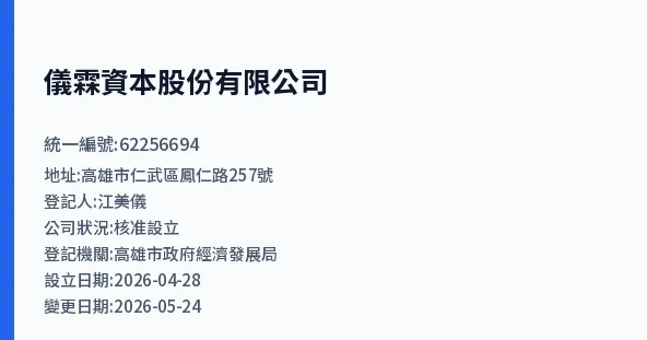 儀霖資本股份有限公司的照片-統編 62256694(高雄市) 公司登記資料與營業項目詳細圖表