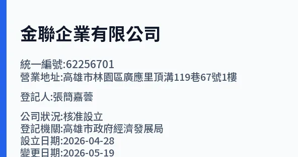 金聯企業有限公司的照片-統編 62256701(高雄市) 公司登記資料與營業項目詳細圖表