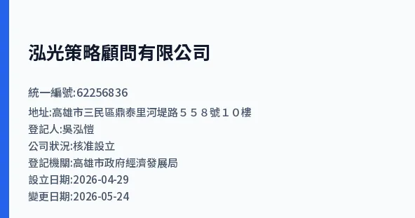 泓光策略顧問有限公司的照片-統編 62256836(高雄市) 公司登記資料與營業項目詳細圖表