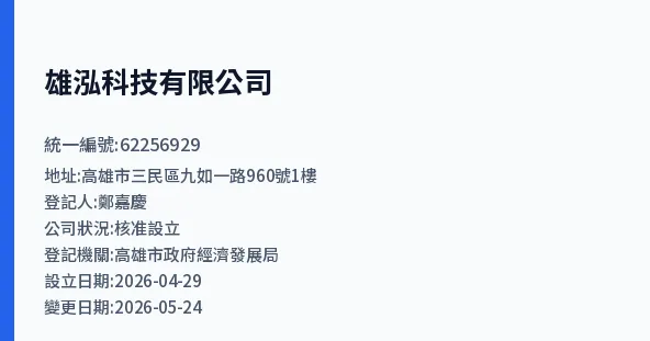 雄泓科技有限公司的照片-統編 62256929(高雄市) 公司登記資料與營業項目詳細圖表