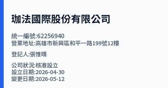 珈法國際股份有限公司的照片-統編 62256940(高雄市) 公司登記資料與營業項目詳細圖表