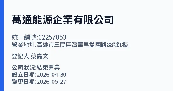 萬通能源企業有限公司的照片-統編 62257053(高雄市) 公司登記資料與營業項目詳細圖表