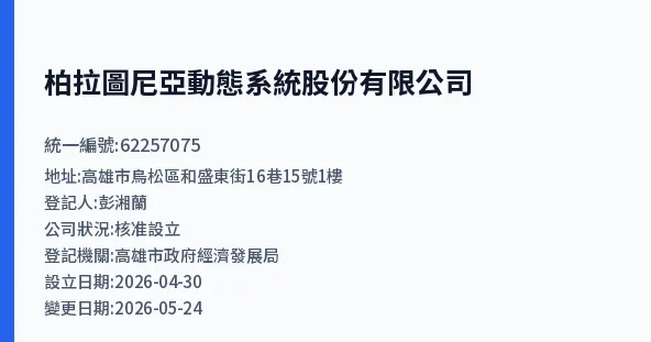 柏拉圖尼亞動態系統股份有限公司的照片-統編 62257075(高雄市) 公司登記資料與營業項目詳細圖表